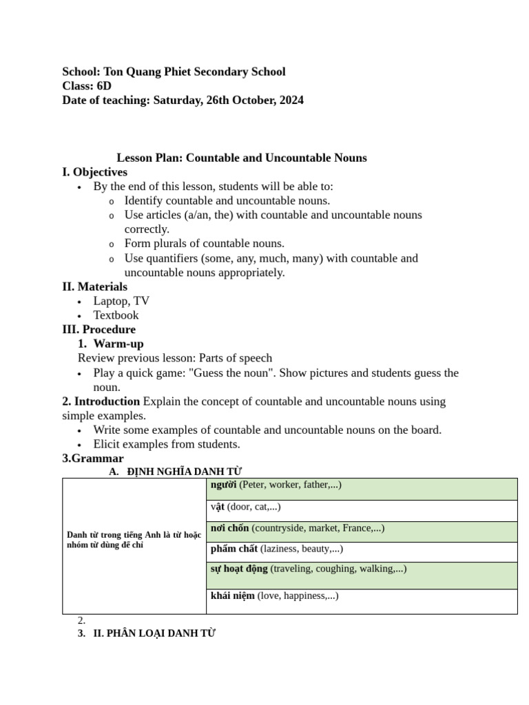 School: Ton Quang Phiet Secondary School Class: 6D Date of Teaching ...