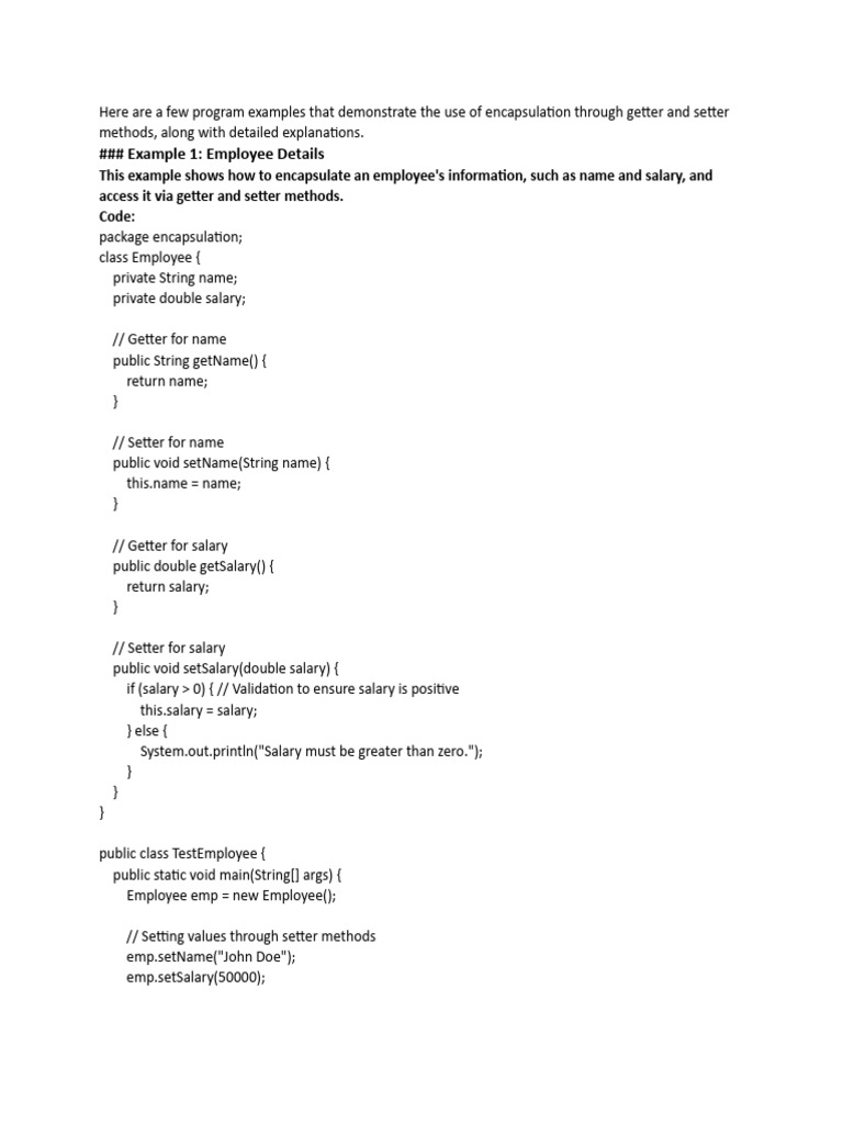 Java Encapsulation Examples Pdf Control Flow Computer Programming