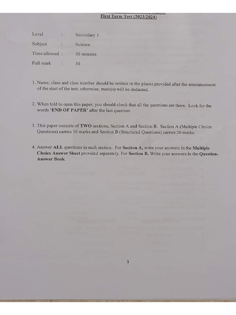 S1 Science Test 071123 | PDF