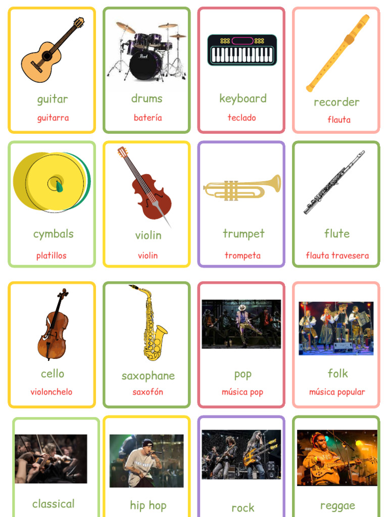 Tarjetas Vocabulario Inglés Instrumentos y Tipos de Música | PDF | Art ...