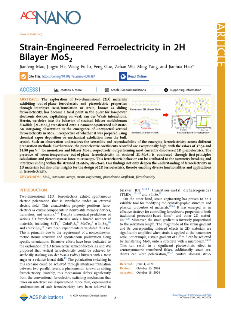 Mao Et Al 2024 Strain Engineered Ferroelectricity in 2h Bilayer Mos2 ...