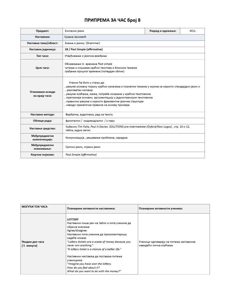 1B Past Simple (Affirmative) - Poseta Času | PDF