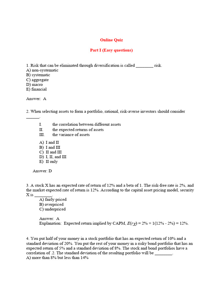 Quiz2 | PDF | Modern Portfolio Theory | Capital Asset Pricing Model