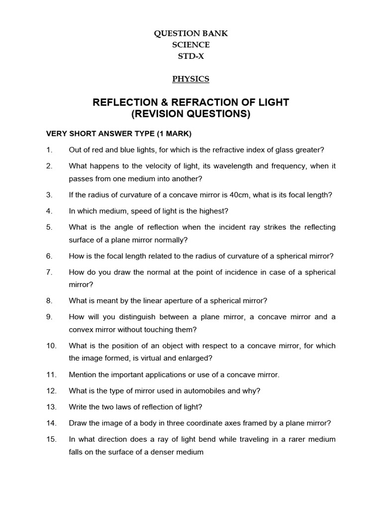 Reflection & Refraction of Light (Revision Questions) : Very Short ...