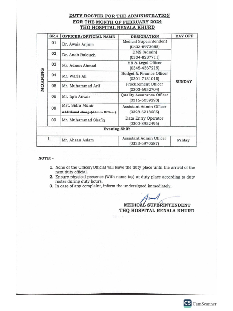 Duty Roster For Month of February | PDF