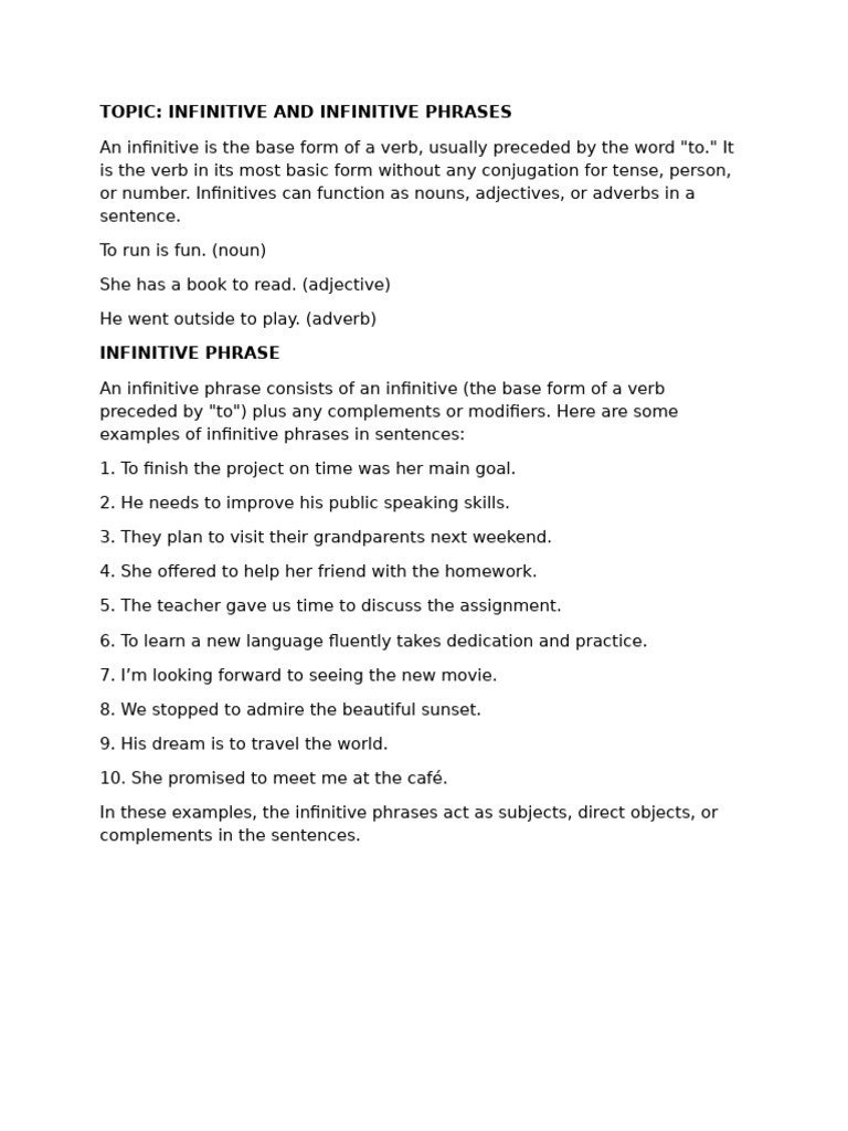 Infinitive Phrase | PDF | Language Arts & Discipline | Foreign Language ...
