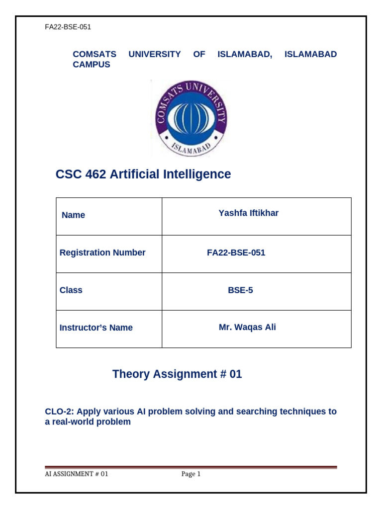 Fa22-Bse-051 Ai Assignment # 01 | PDF | Applied Mathematics | Theoretical Computer Science