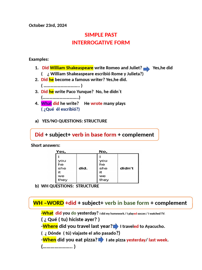 English Past Tense Questions | PDF