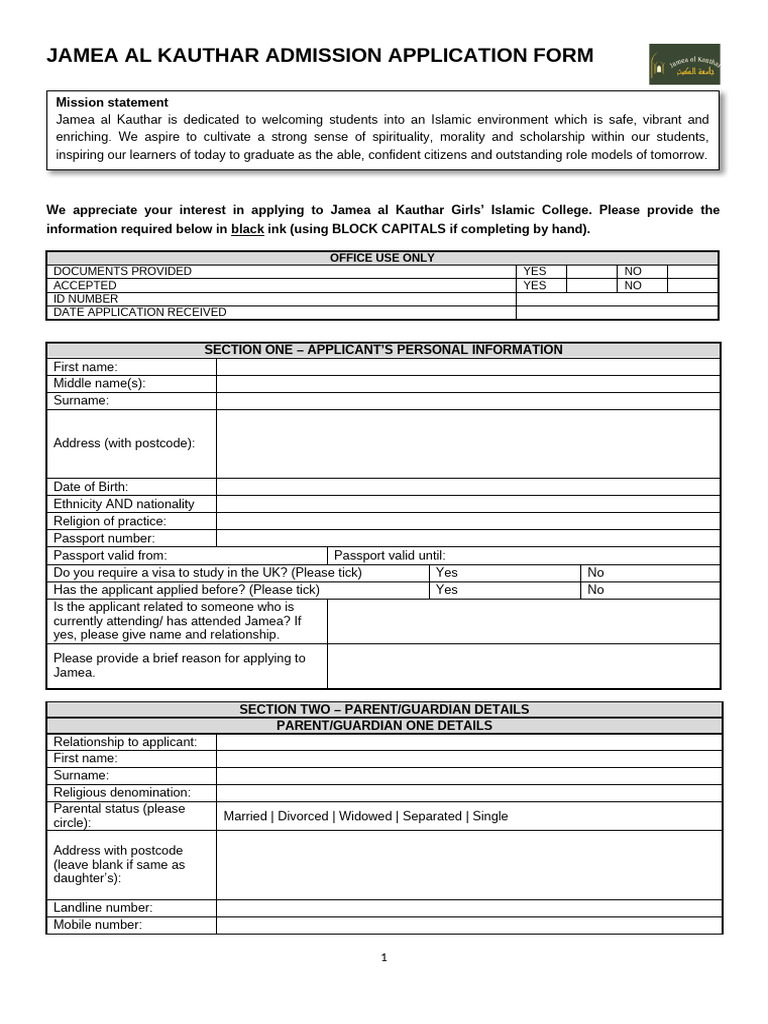 Student Application Form Jamea Al Kauthar 2021 Onward | PDF | Passport