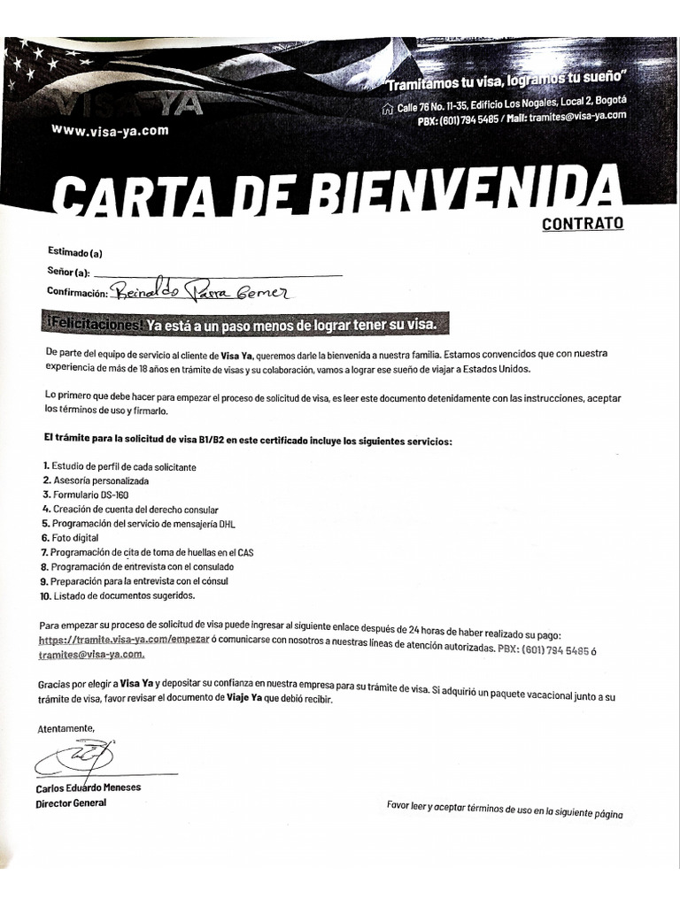 Carta de Bienvenida. Reinaldo Parra | PDF