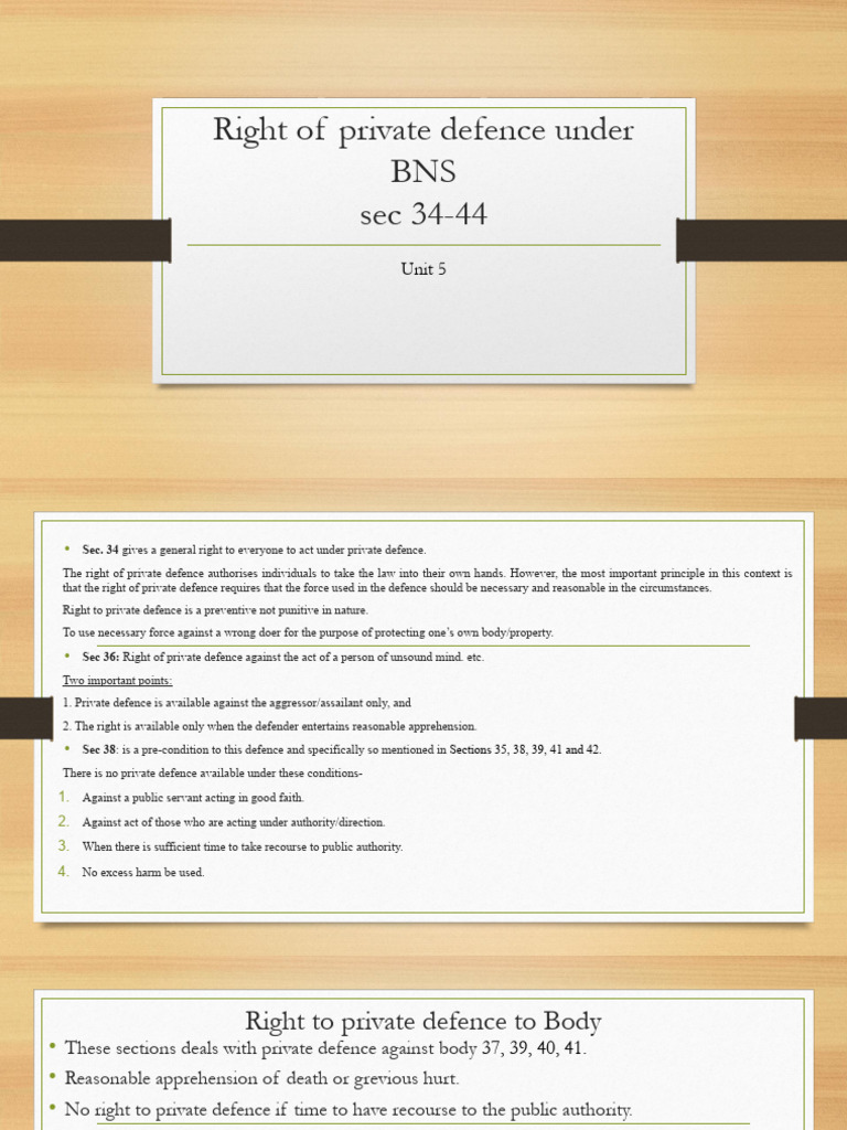 Unit 5 - The Right of Private Defence Under BNS | PDF | Robbery | Common Law