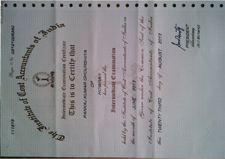 CMA Inter Certificate | PDF