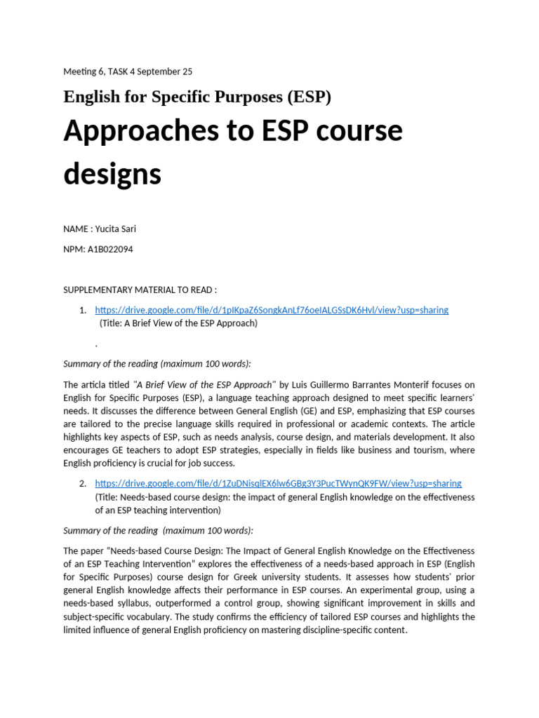Task 4 Meeting 6 ESP class C ucci | PDF | English As A Second Or Foreign Language | Learning
