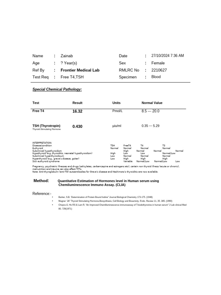 Free T4, TSH. | PDF | Thyroid Stimulating Hormone | Hypothyroidism