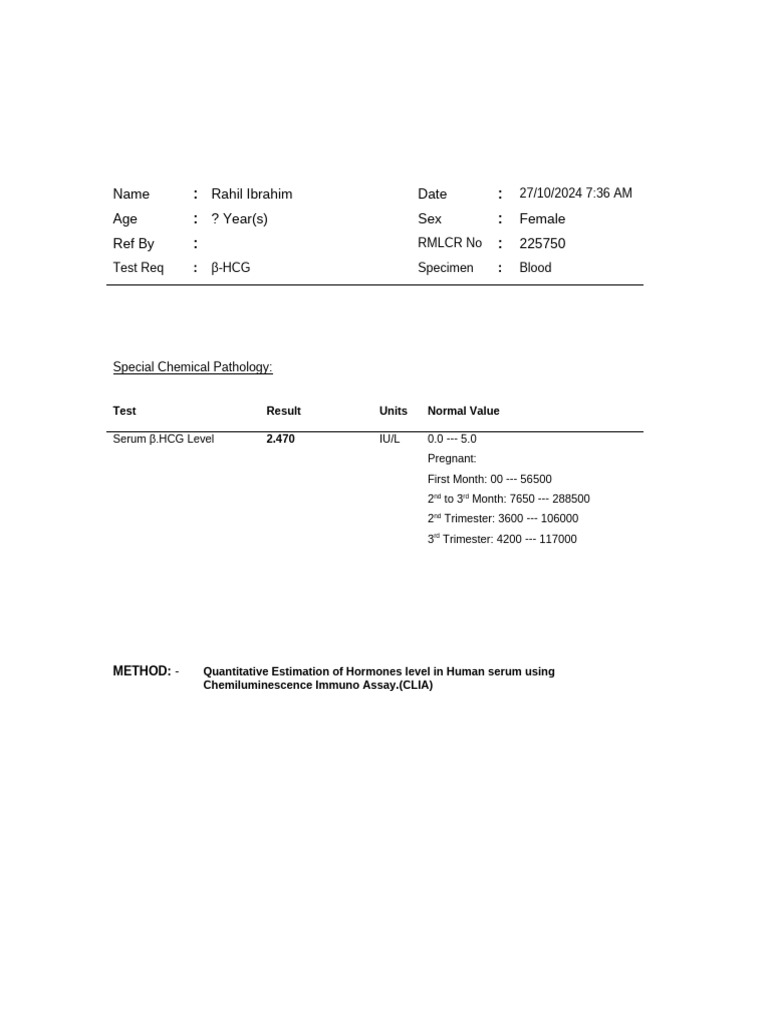 β-HCG Blood Test Report Sample | PDF