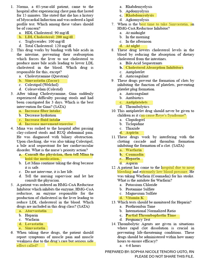 PHARMA TERM 3 Q1 KEY ANSWERS | PDF | Angiotensin | Cholesterol