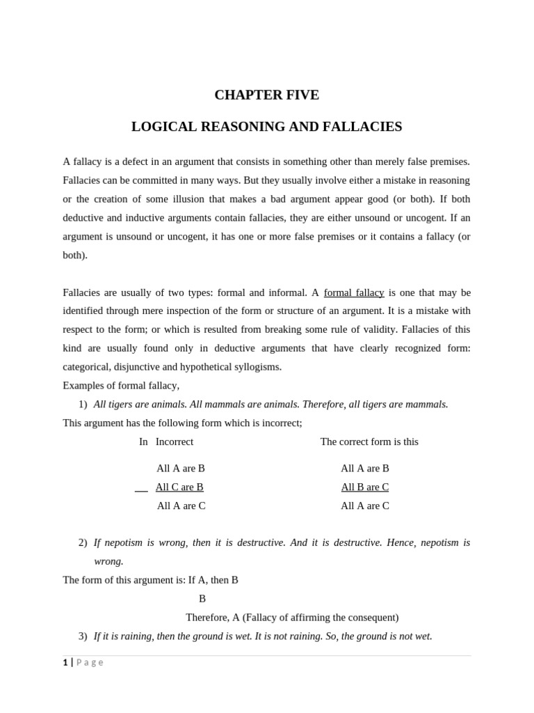 LOGIC CHAPTER 5 - Lecture Note | PDF | Fallacy | Argument LOGIC CHAPTER 5 - Lecture Note | PDF | Fallacy | Argument