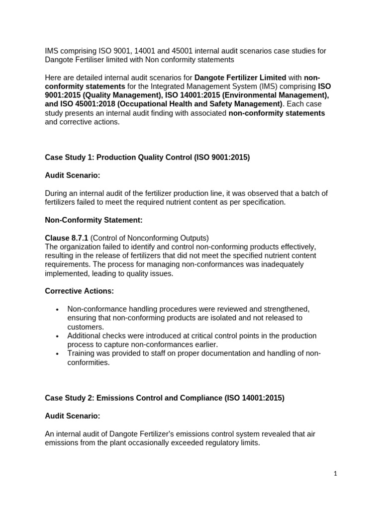 IMS Internal Audit Case Studies Comprising ISO 9001,14001 and 45001 ...