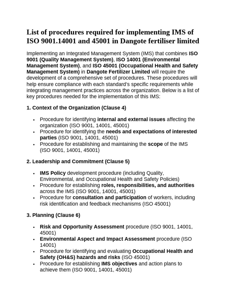 List of procedures required for implementing IMS of ISO 9001 | PDF ...