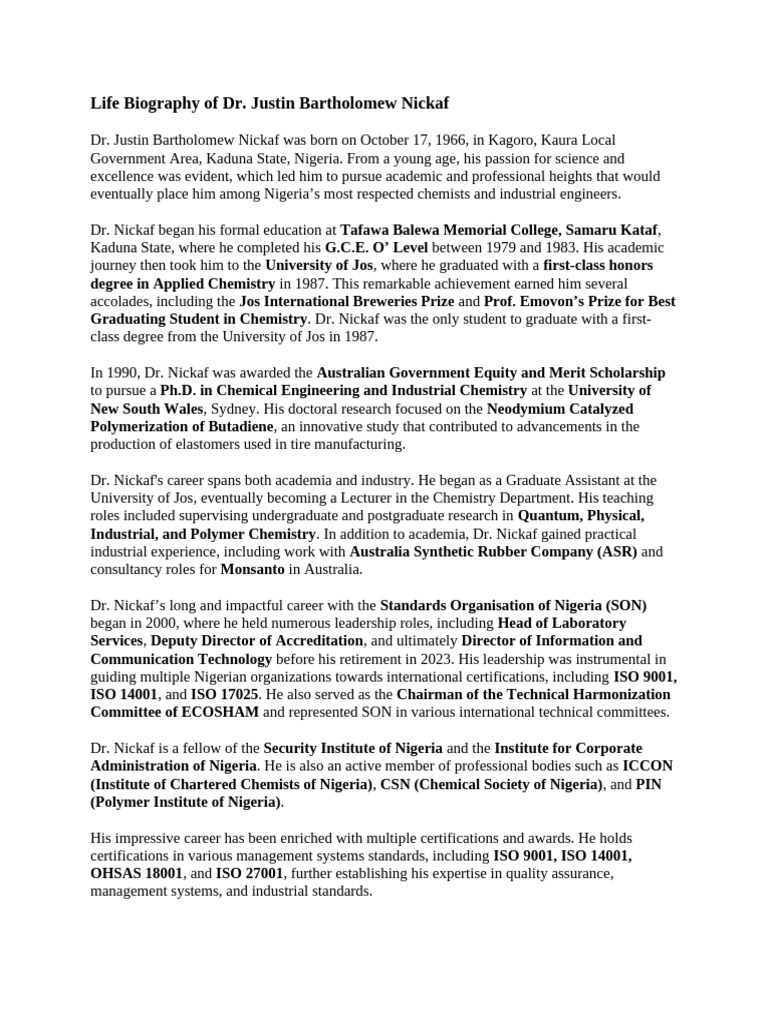 Dr. Nickaf: A Legacy in Chemistry | PDF | Doctor Of Philosophy | Chemist