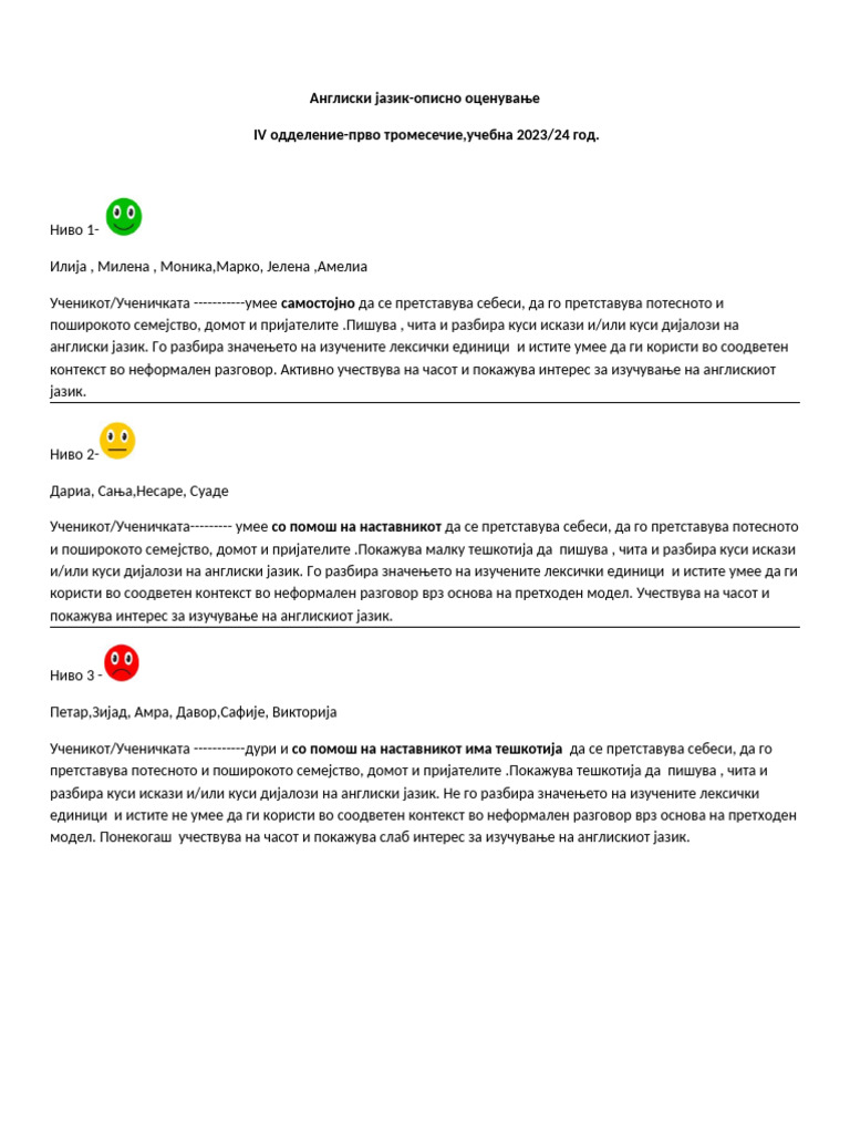 Opisno Ocenuvanje - Angliski - Za IV Odd, I Tromesecie | PDF