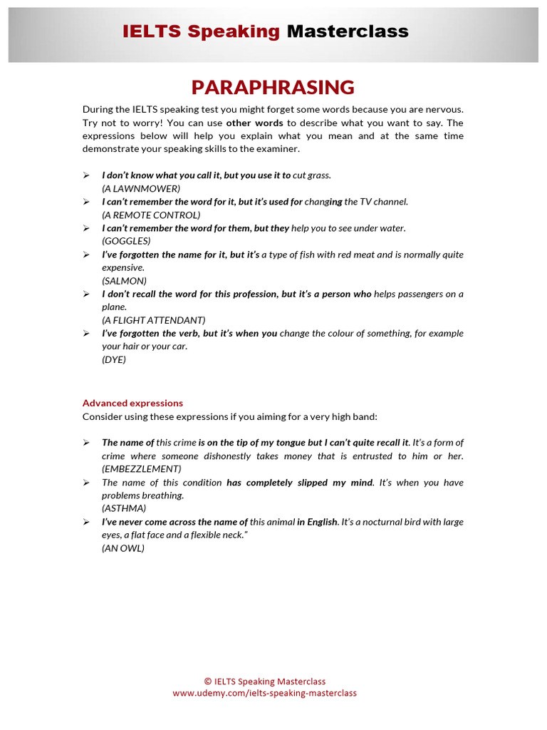 IELTS Speaking Paraphrasing Guide | PDF