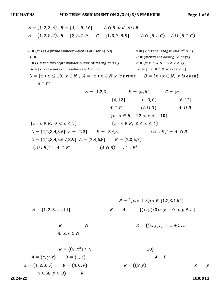 I PU Mid Term Assignment 2,3,4,5,6 Markers 2024-25 | PDF | Function (Mathematics ...