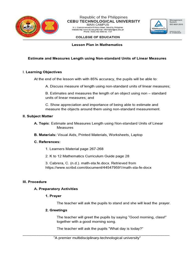 Non-Standard Units in Length Measurement | PDF | Lesson Plan | Teachers