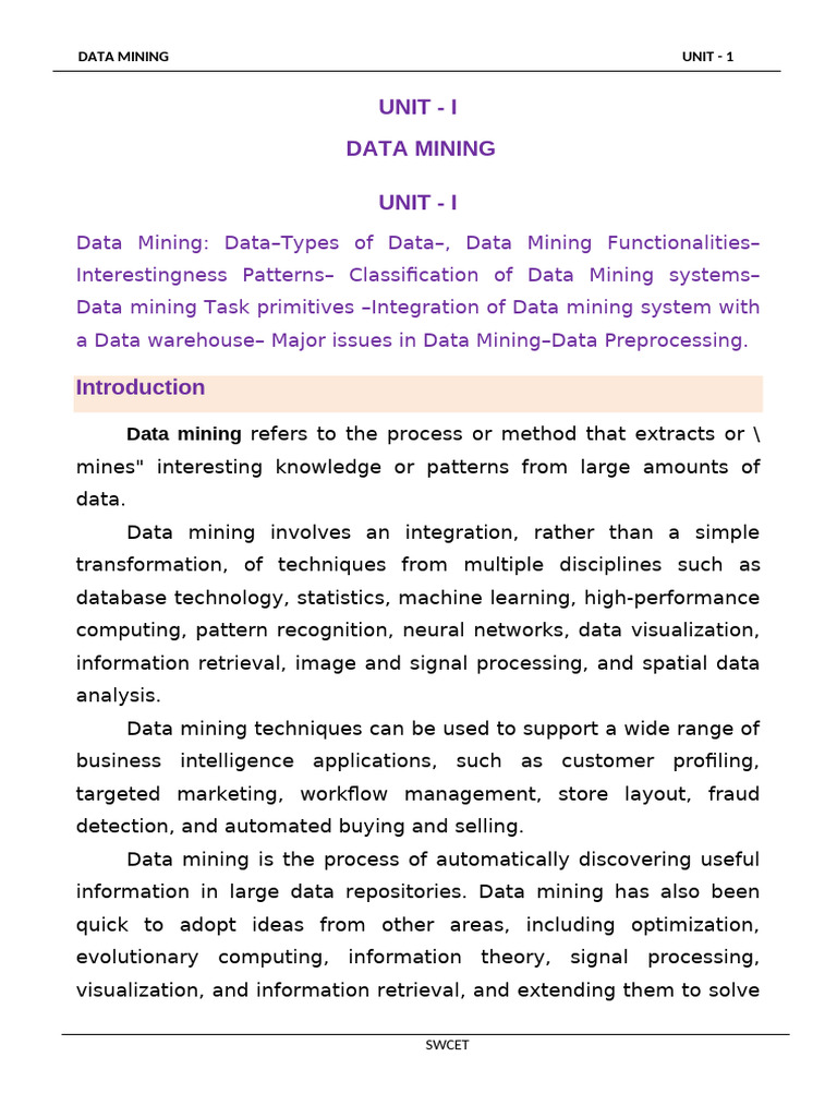DM Unit 1 | PDF | Data Mining | Statistical Classification