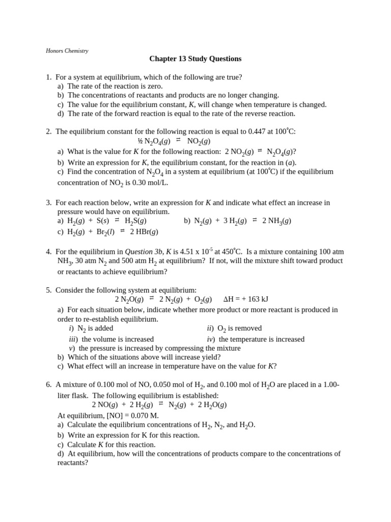 Chemical Equilibrium Tutorial Sheet | PDF | Chemical Equilibrium | Chemical Reactions