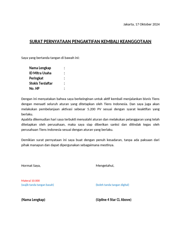 2024 SURAT PERNYATAAN PENGAKTIFAN KEMBALI KEANGGOTAAN | PDF