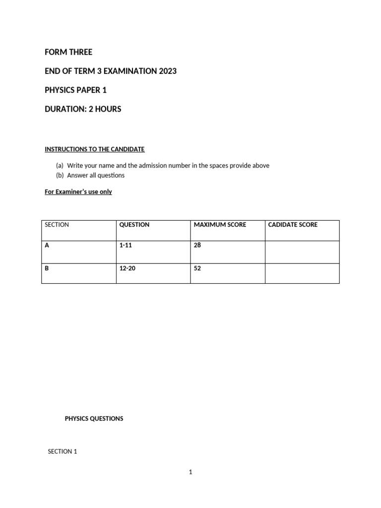 f3 Physics Paper 1 Questions | PDF | Force | Physical Phenomena
