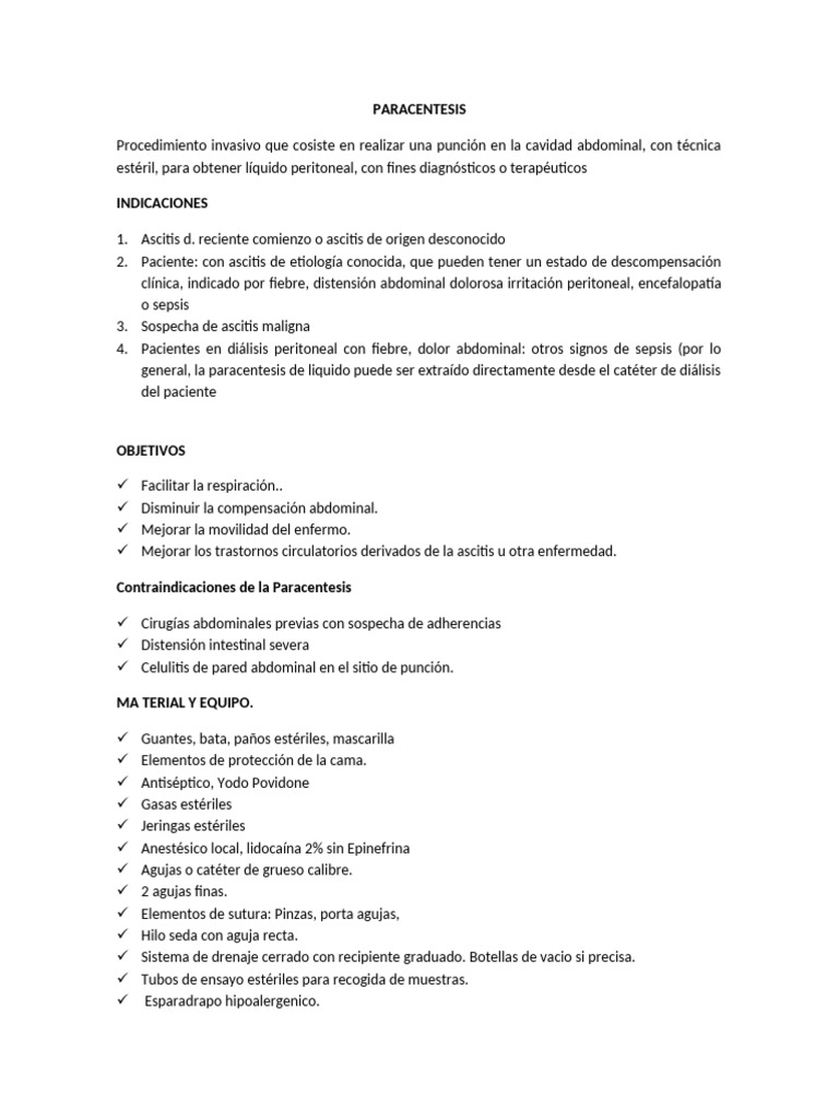 Contraindicaciones y técnica de paracentesis | PDF | Abdomen | Medicina ...