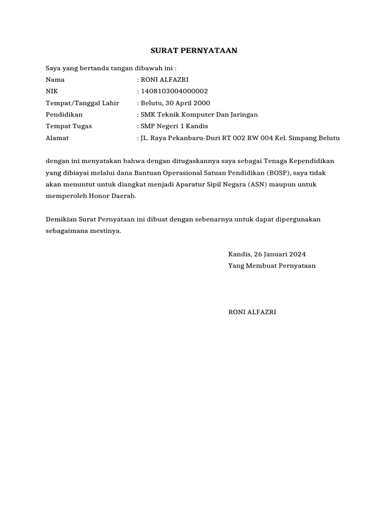 Surat Pernyataan Tendik Honor Bos | PDF