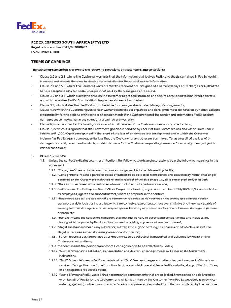 FedEx Conditions of Contract ZA | PDF | Insurance | Fee