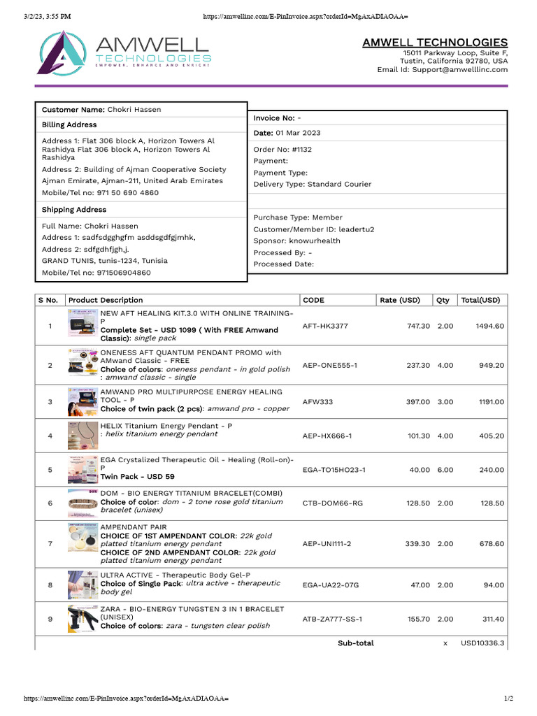 Amwell Technologies Invoice Details | PDF | Transition Metals | Ornaments