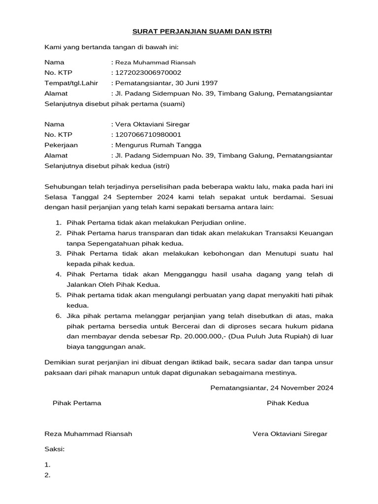 Surat Perjanjian Suami Dan Istri | PDF