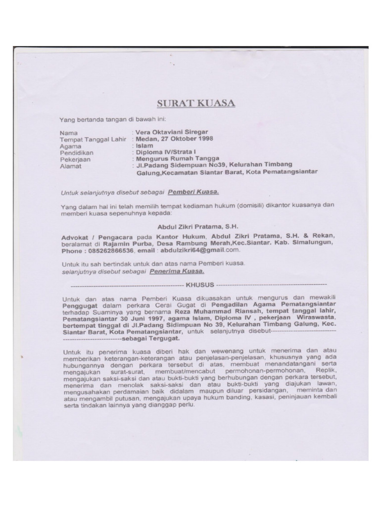 Surat Kuasa Vera Oktaviani Scan | PDF