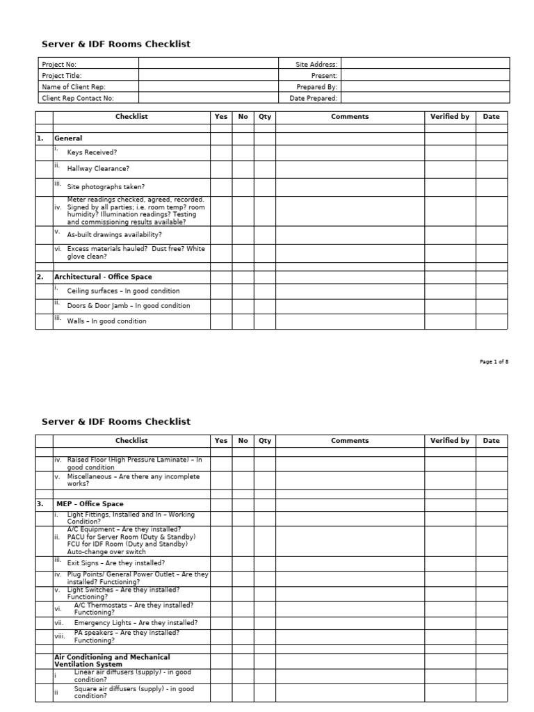 7A-011 Server IDF Rooms Handover Checklist | PDF | Duct (Flow ...