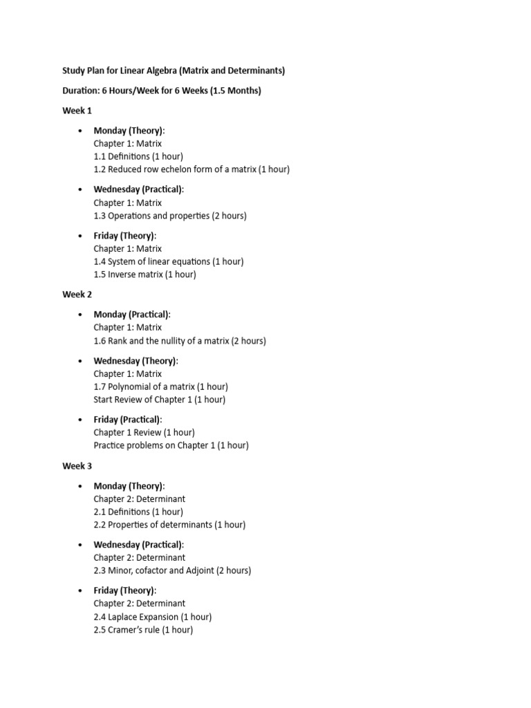 Study Plan For Linear Algebra Mid Term | PDF
