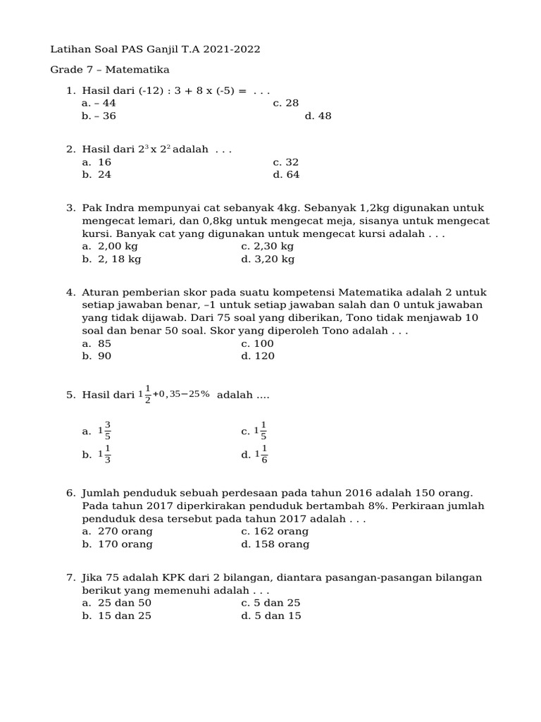 (Grade7) Latihan Soal Matematika PAS Ganjil T.A 2021-2022 | PDF