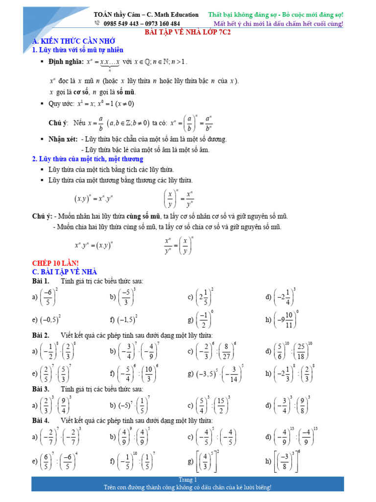 7C2. BTVN. DS7. C1. BÀI 3. LŨY THỪA CỦA SỐ HỮU TỈ P1 ngày 27-8-2024 | PDF