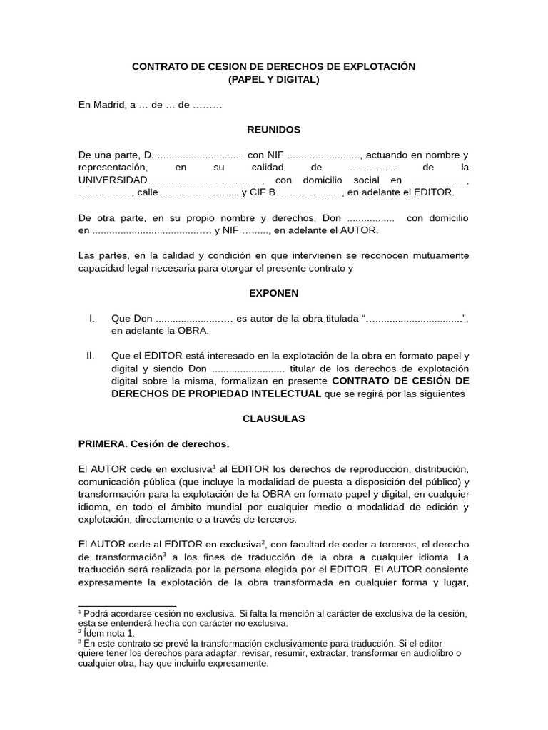 3 - Cto Cesion de Derechos Explotacion Papel y Digital | PDF | Publicación | Derechos de autor