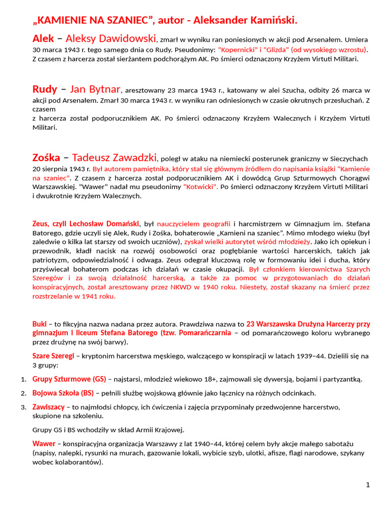 KAMIENIE NA SZANIEC - Notatki Z Lektury | PDF
