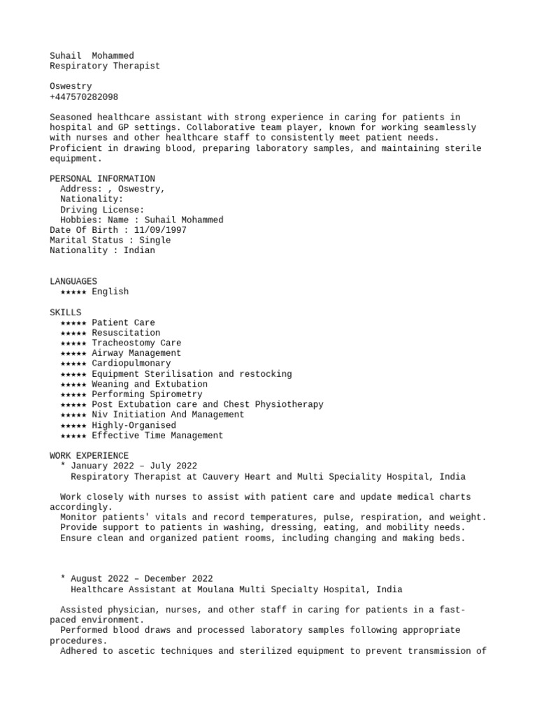 Suhail Mohammed - Resume - Respiratory Therapist | PDF