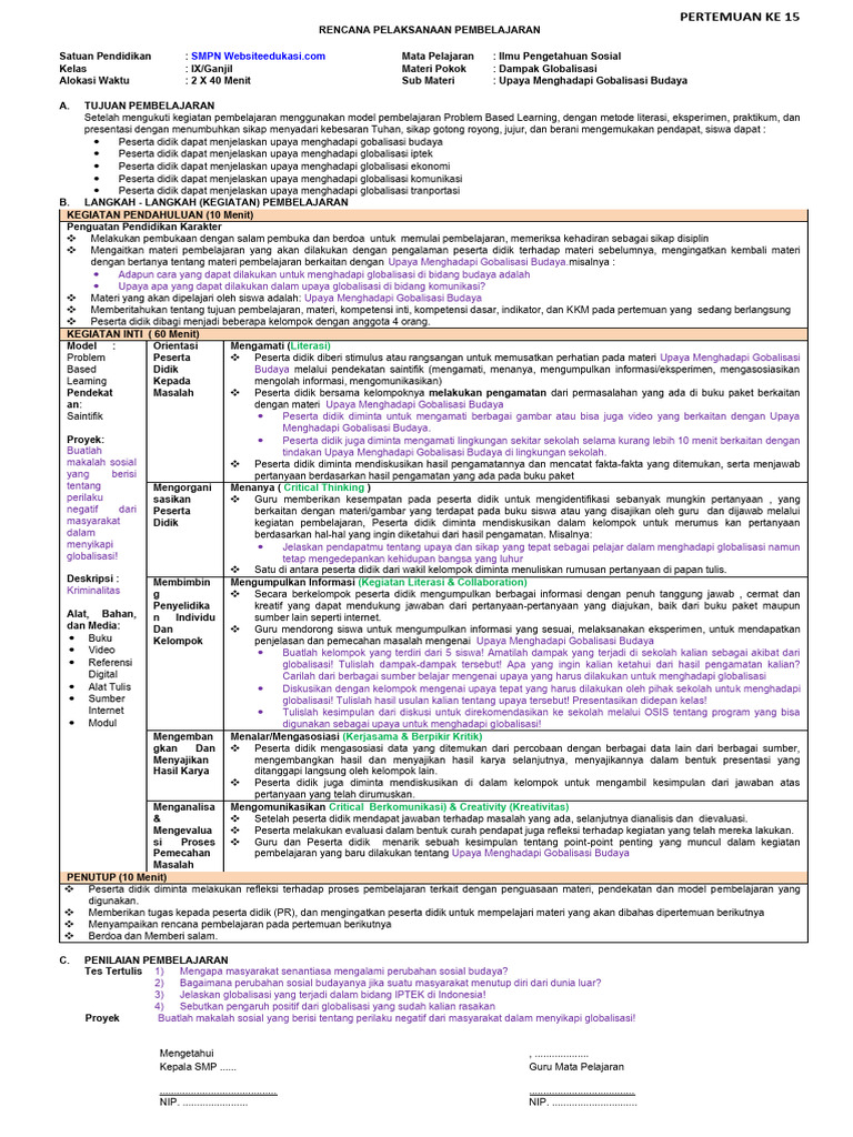 RPP Ips k13 Kelas 9 Pertemuan 15 | PDF