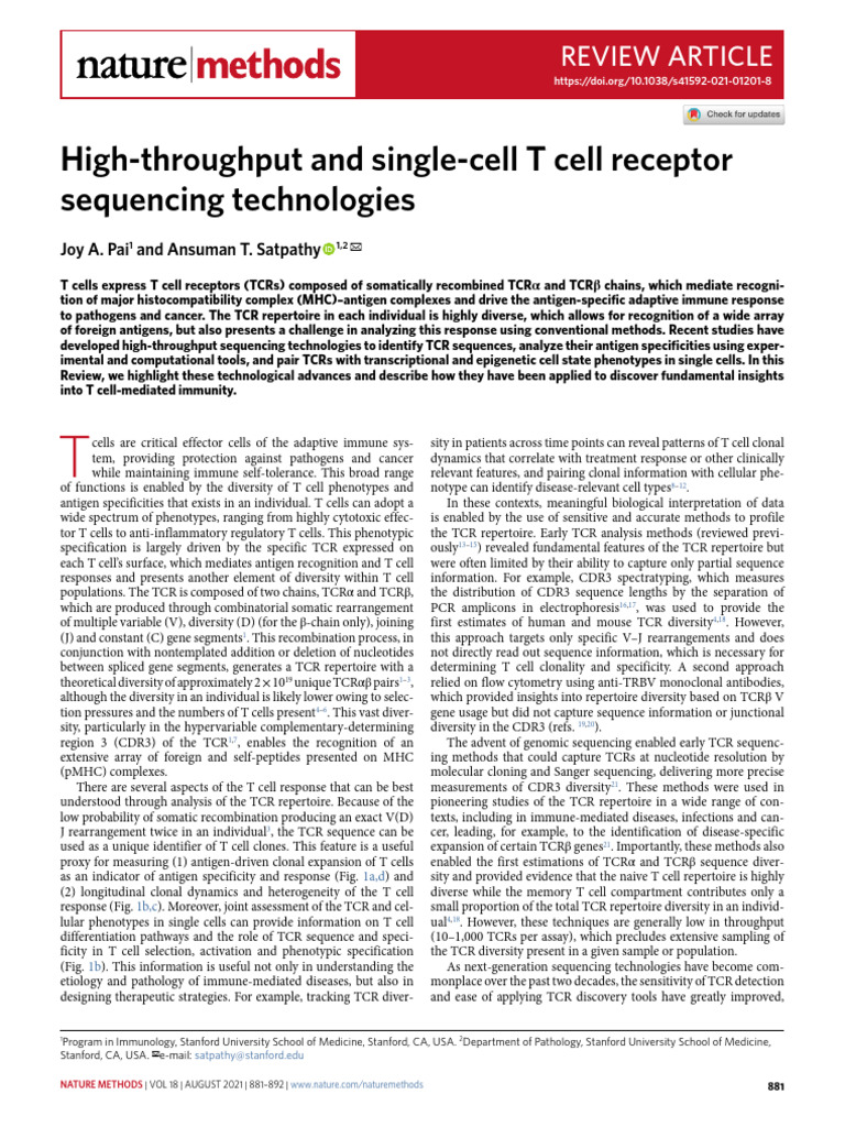 High-Throughput and Single-Cell T Cell Receptor Sequencing Technologies | PDF | Dna Sequencing ...