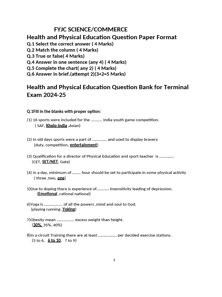 Fyjc Sci, Commerce Health and Physical Education Question Bank 2024-25 | PDF | Clinical Medicine