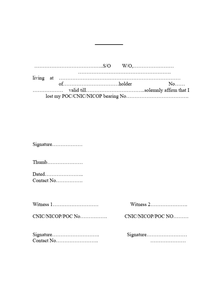 AffidavitForLostNICOP CNIC POC | PDF