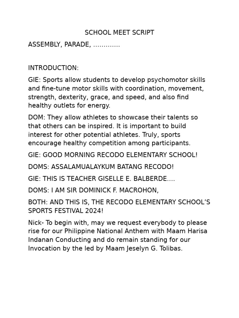 SCHOOL MEET SCRIPT | PDF